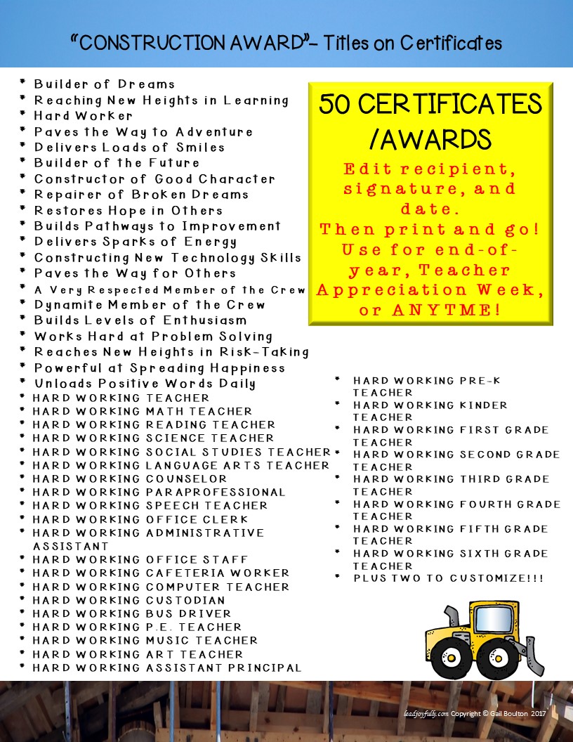 Staff and Teacher Awards (Construction Theme) | Lead Joyfully